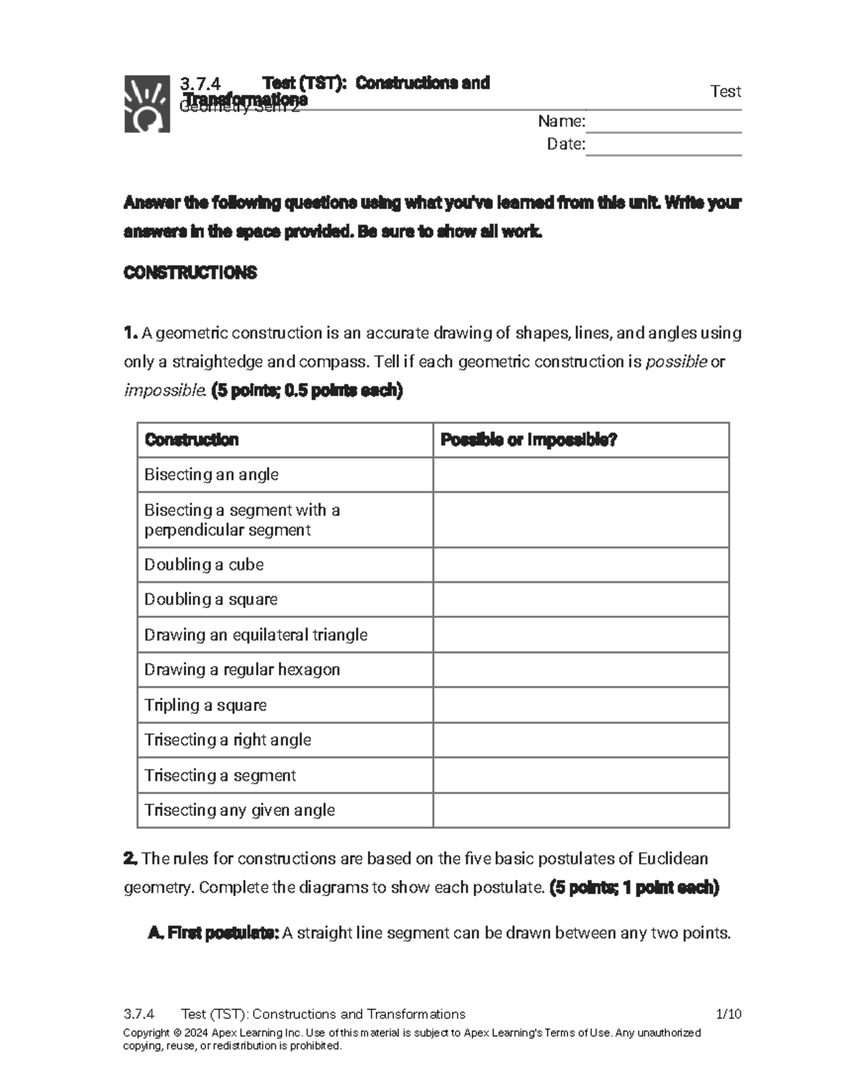 3.7.4 Test (TST) - Constructions and Transformations (Geometry Sem 2 ...
