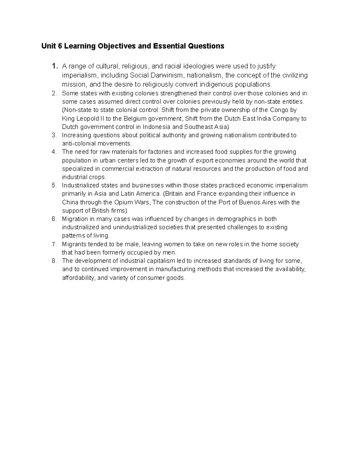 Unit 6 Learning Objectives - Unit 6 Learning Objectives and Essential ...