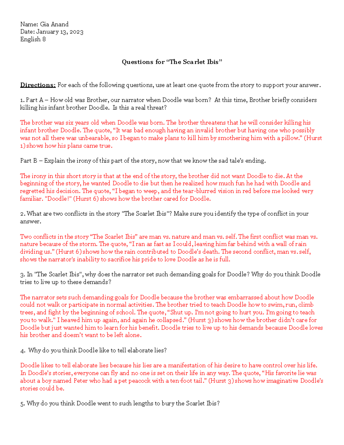 English 8: Questions and Analysis for "The Scarlet Ibis" Study Guide ...