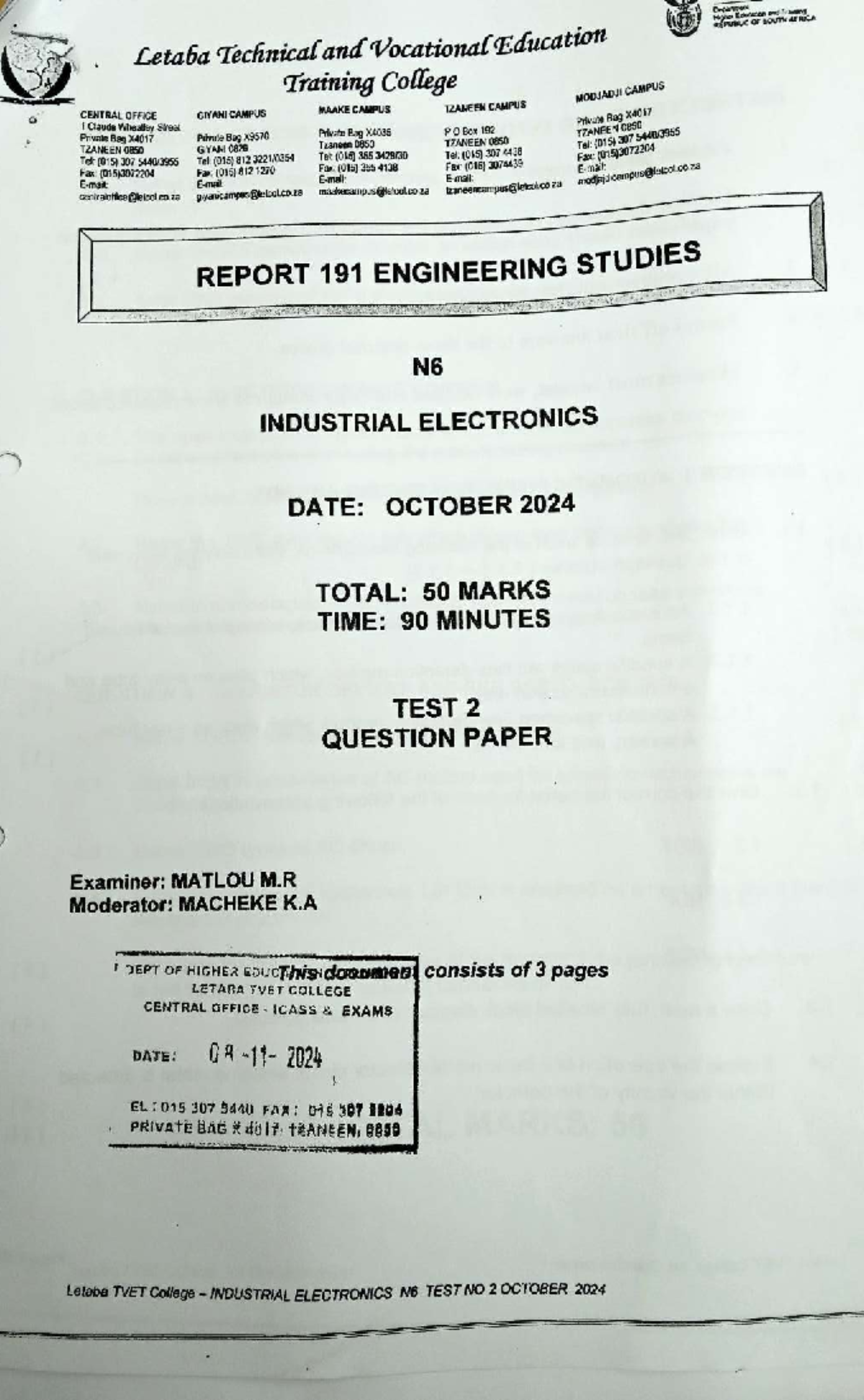 Report 191 Engineering Studies N6: Industrial Electronics Test 2 - Studocu