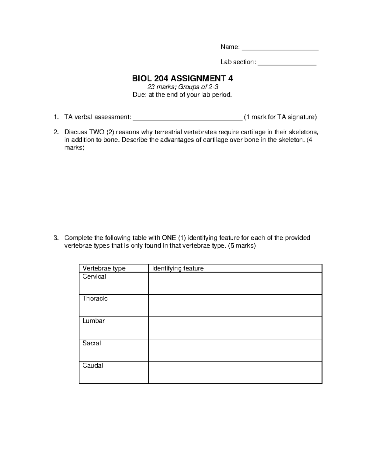 BIOL 204 2024 Assignment 4: Cartilage in Terrestrial Vertebrates - Studocu