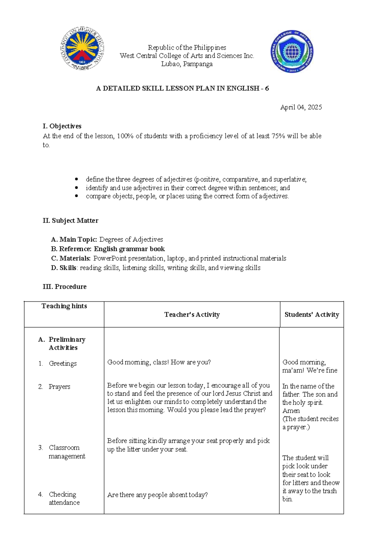 Detailed Lesson Plan on Degrees of Adjectives for English 6 - Studocu