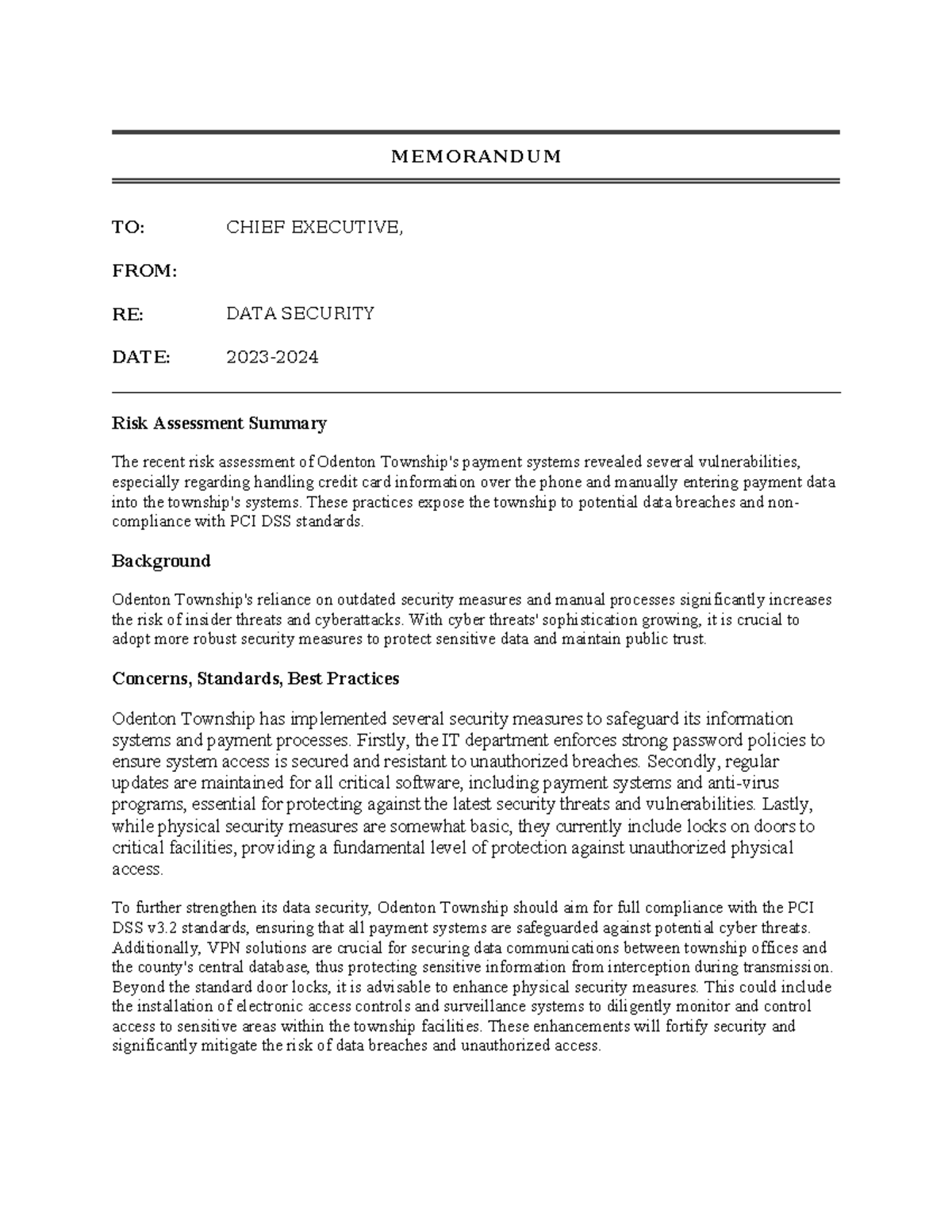 IFSM201 Professional Memo - MEMORANDUM TO: CHIEF EXECUTIVE, FROM: RE ...