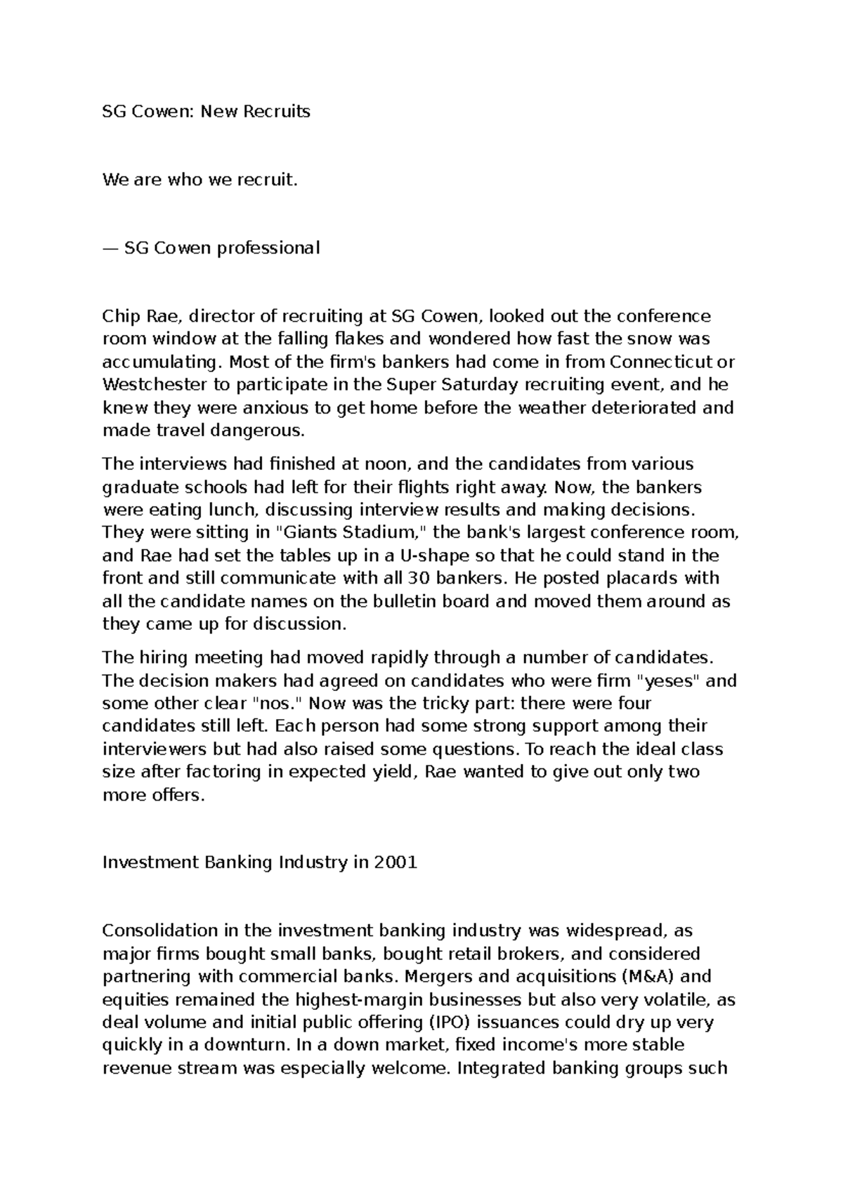 SG Cowen Case Study: Recruitment Strategies and Challenges - Studocu