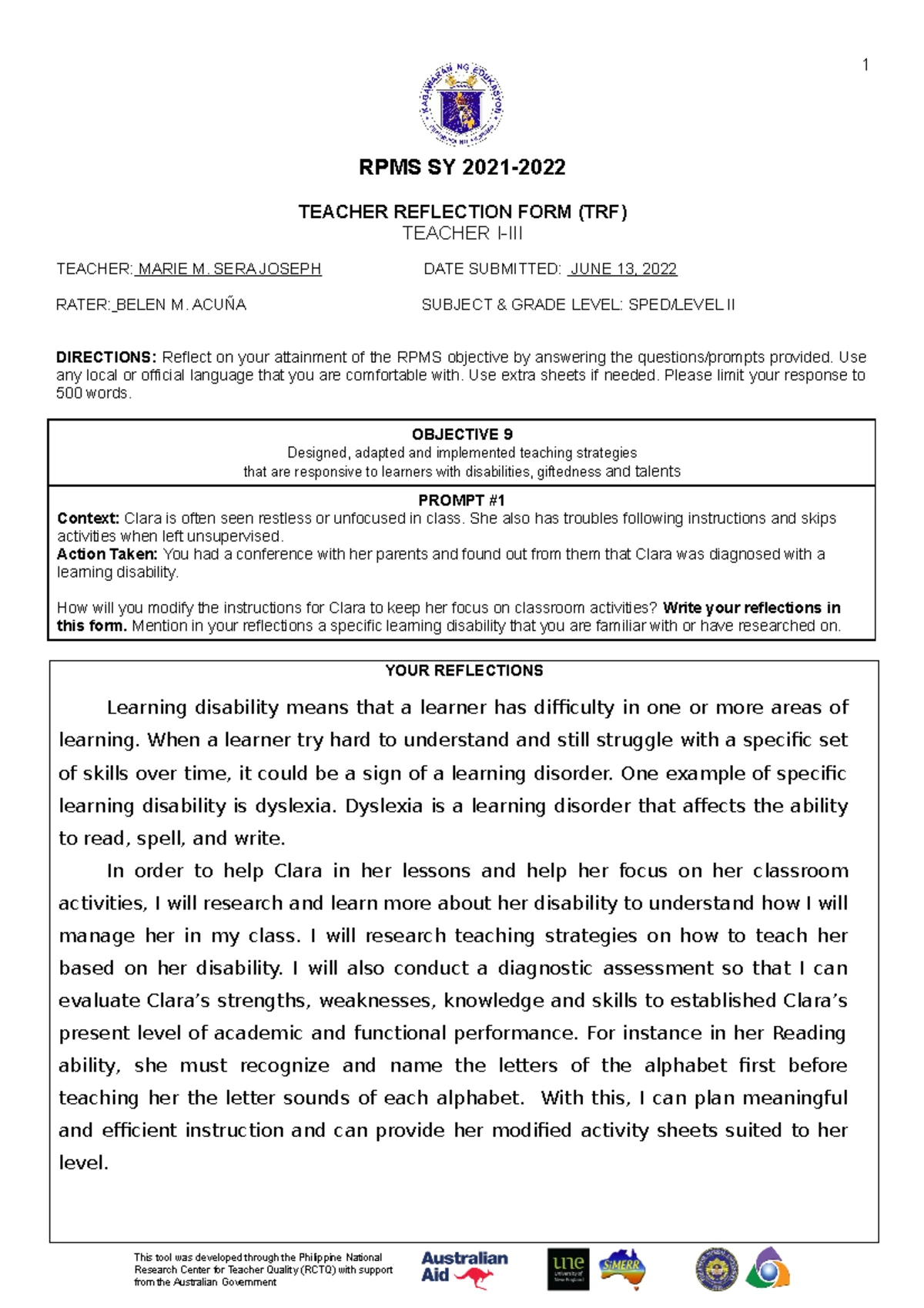 [Appendix 4A] Teacher Reflection Form for T I-III for RPMS SY 2021-2022 ...