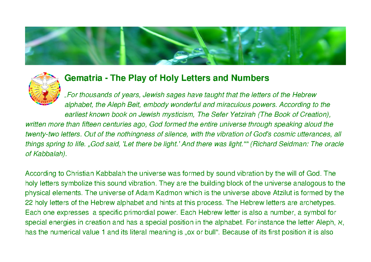 137668694 Gematria: Exploring the Sacred Letters and Numbers - Studocu