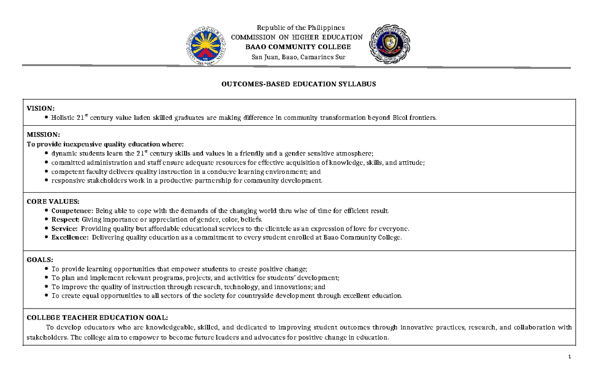 PROF ED 8: OBE Course Syllabus for Assessment in Learning 1 - Studocu