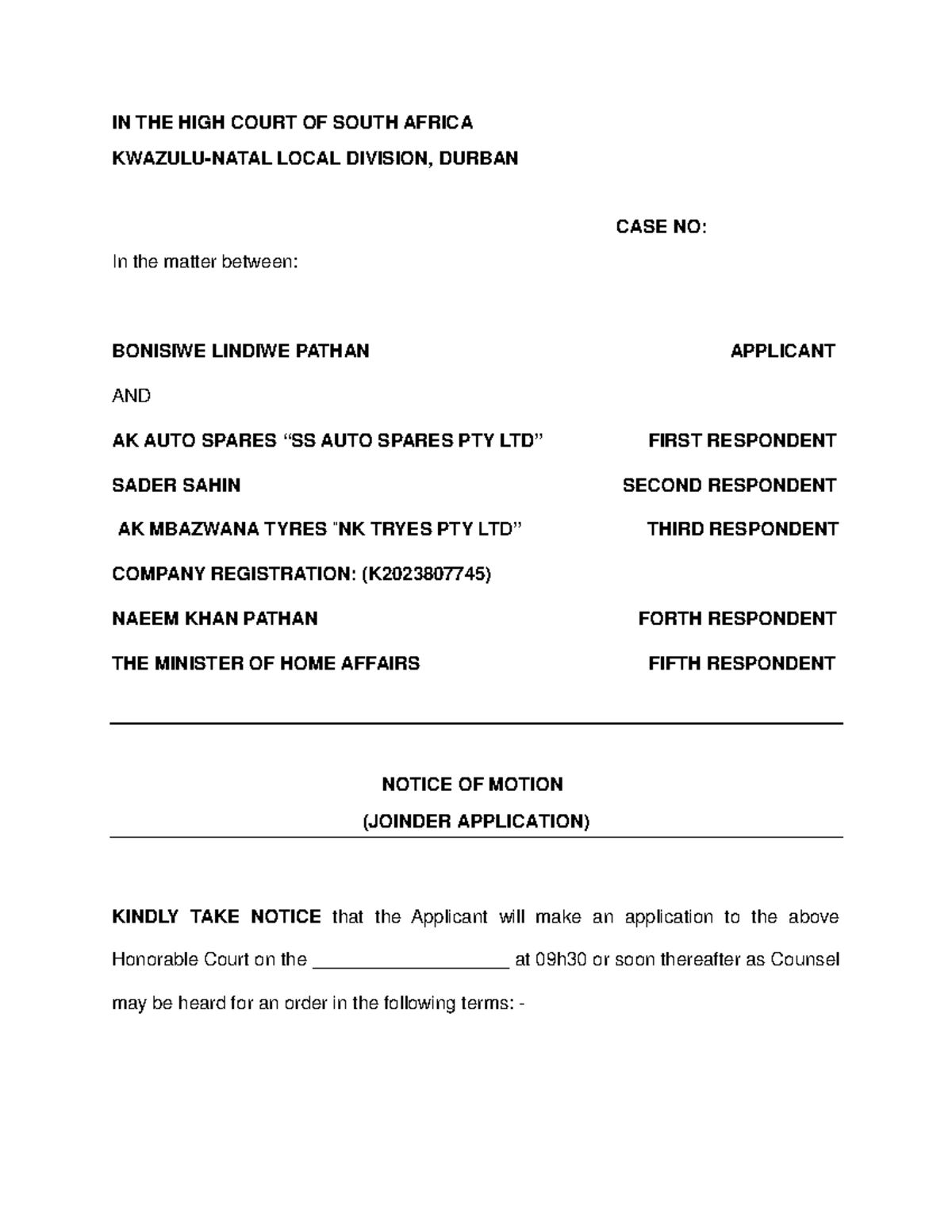 Joinder Application - Case D 2534/2024: Adding Additional Respondents ...