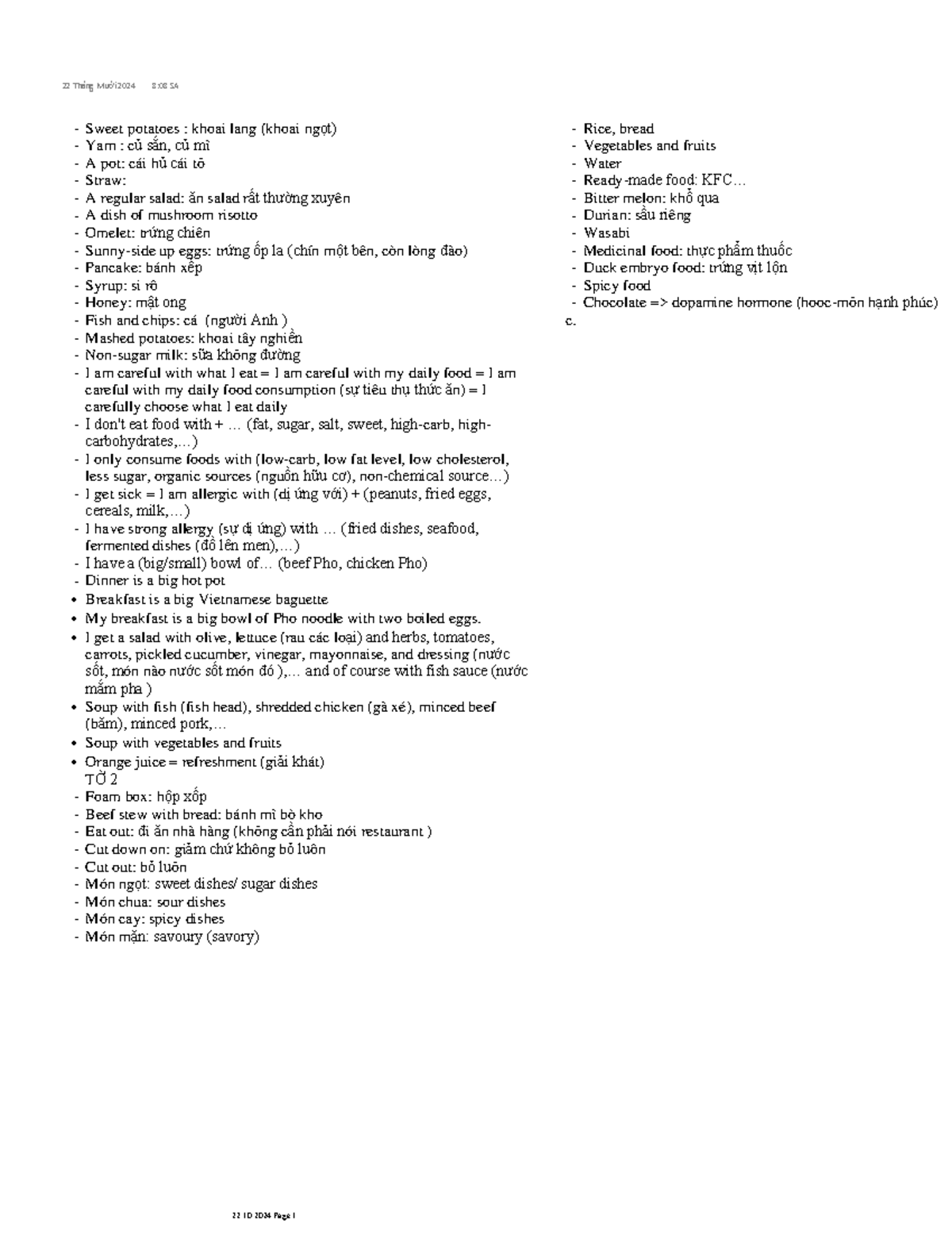 Vocabulary List: Food Terms and Phrases for Daily Use - Studocu