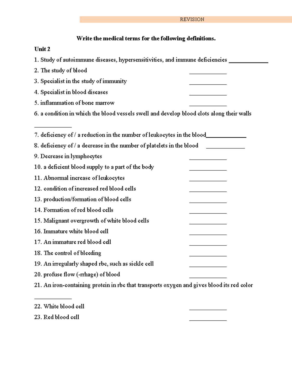 Unit 2 & 3 Medical Terms Revision Guide - Studocu