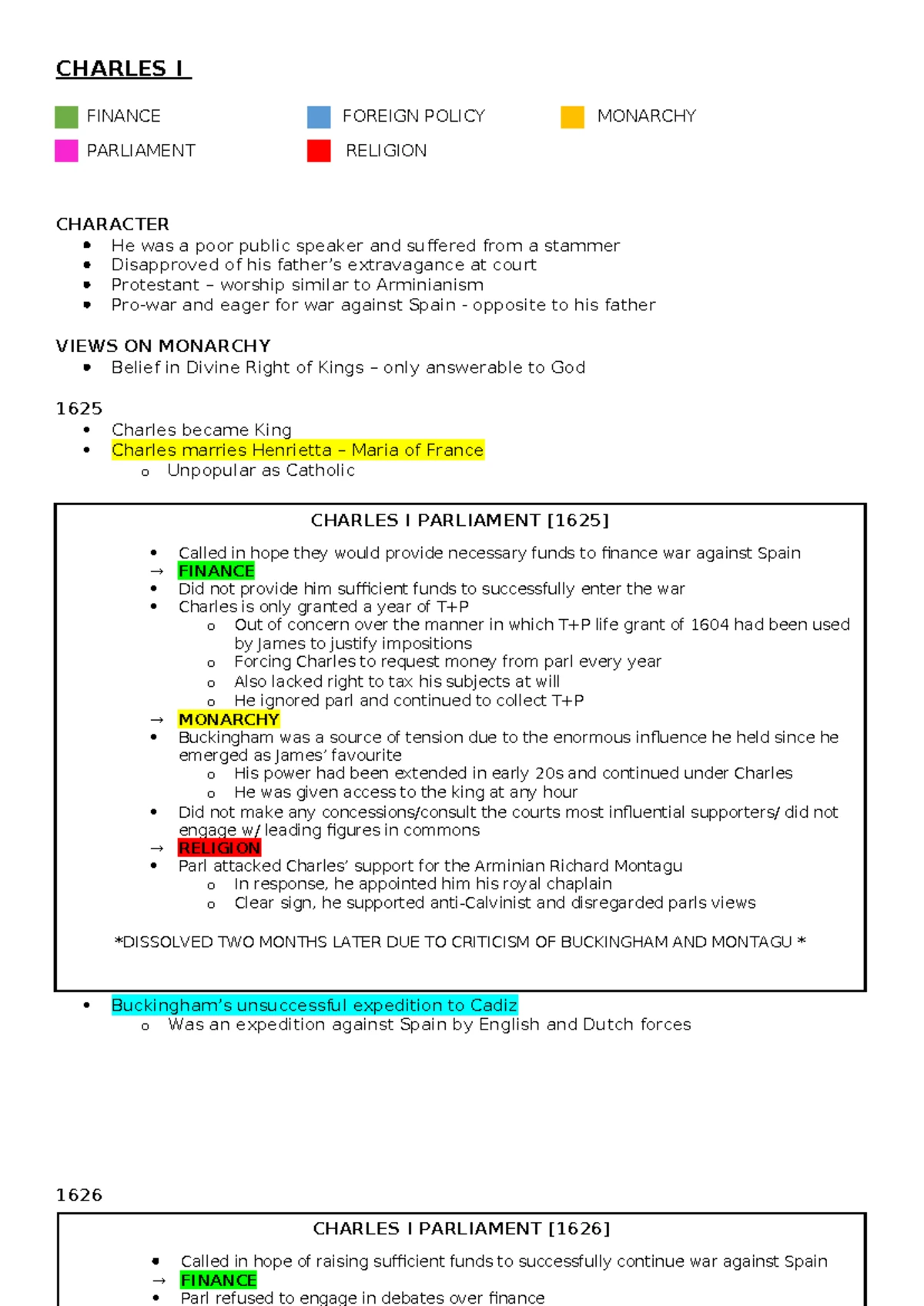 Charles I - Detailed Class Notes on Monarchy and Parliament Dynamics ...