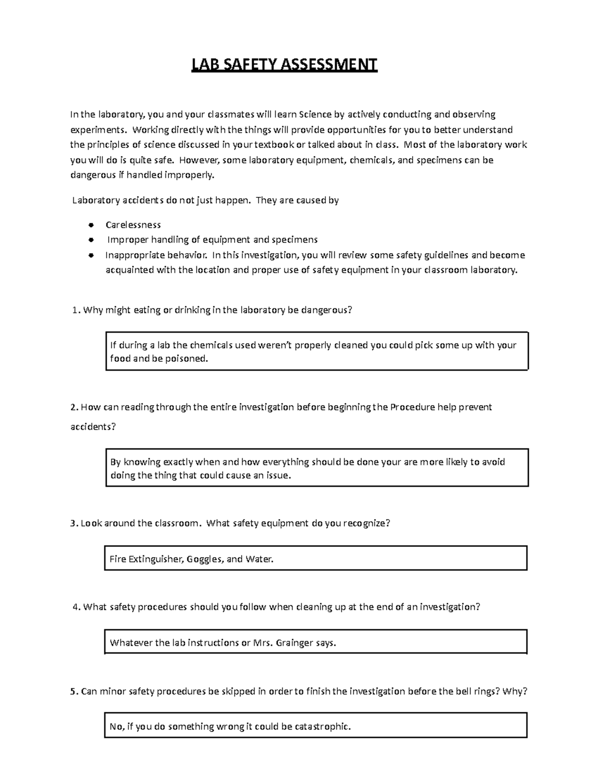 Lab Safety Assessment Worksheet: Important Guidelines and Practices ...
