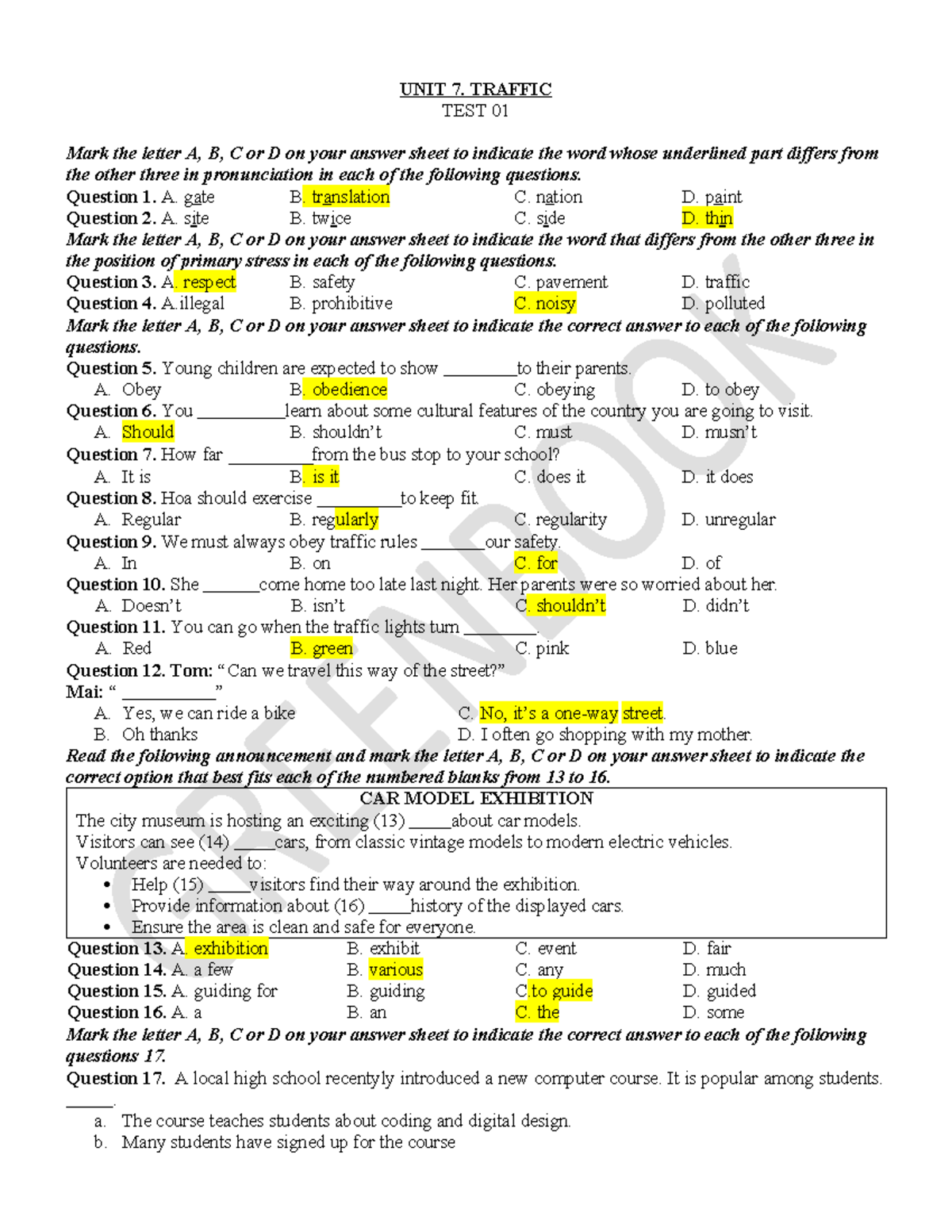 UNIT 7. TRAFFIC TEST 01 - ANSWER KEY - Studocu