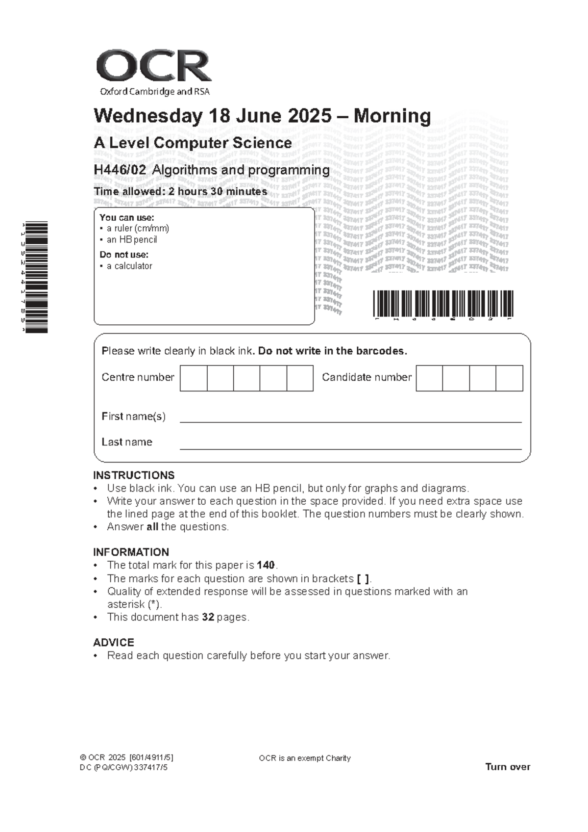 A Level Computer Science Algorithms & Programming Exam Paper (H446 02 ...
