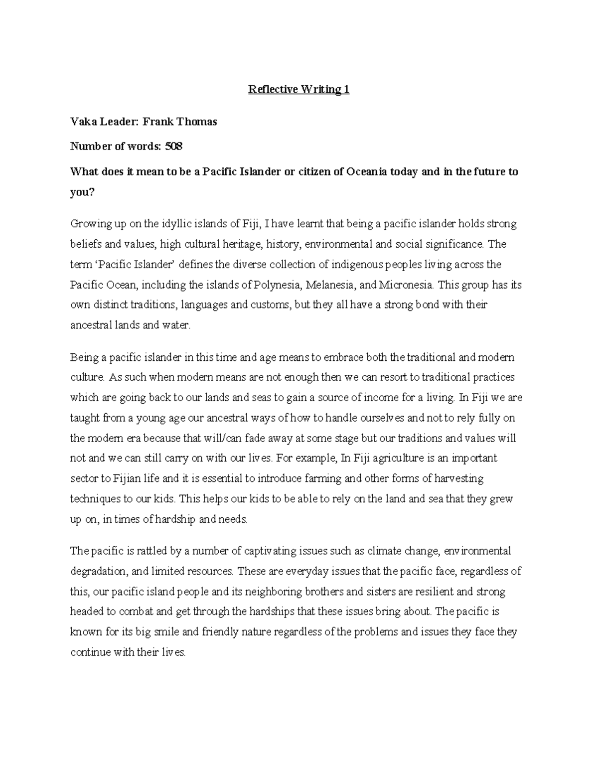Reflective Writing 1 - assignment - Reflective Writing 1 Vaka Leader ...