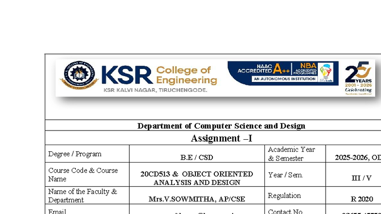 III CSD OOAD Assignment: Object Oriented Analysis & Design Tasks - Studocu