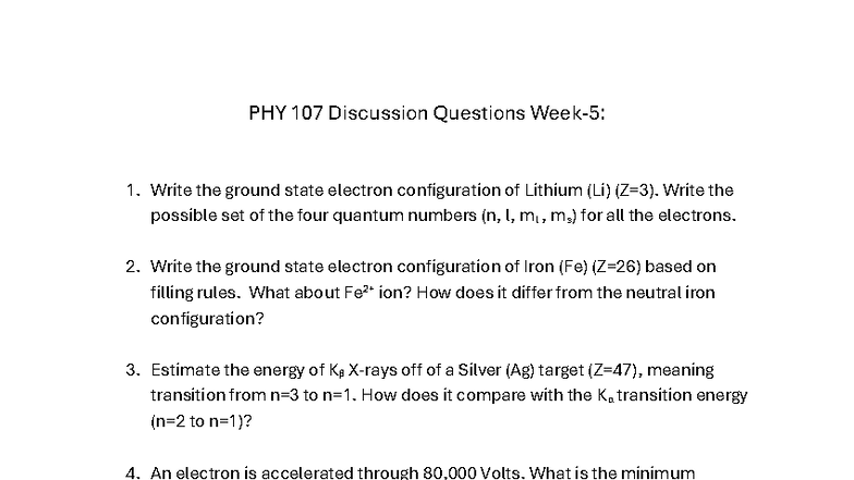 PHY 107 Discussion Week 5: Quantum Numbers & Electron Configurations - Studocu