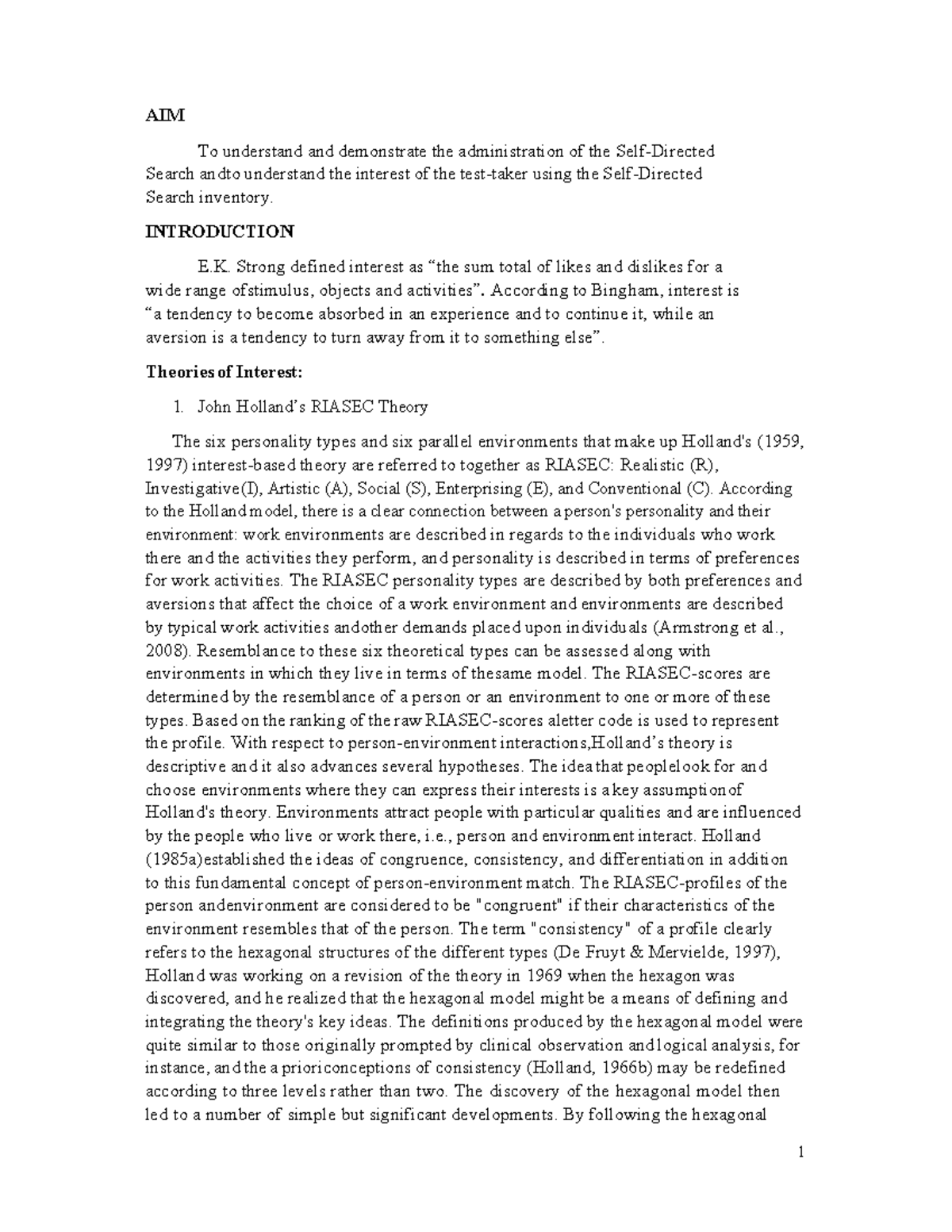 SDS - Self directed search report - AIM To understand and demonstrate ...