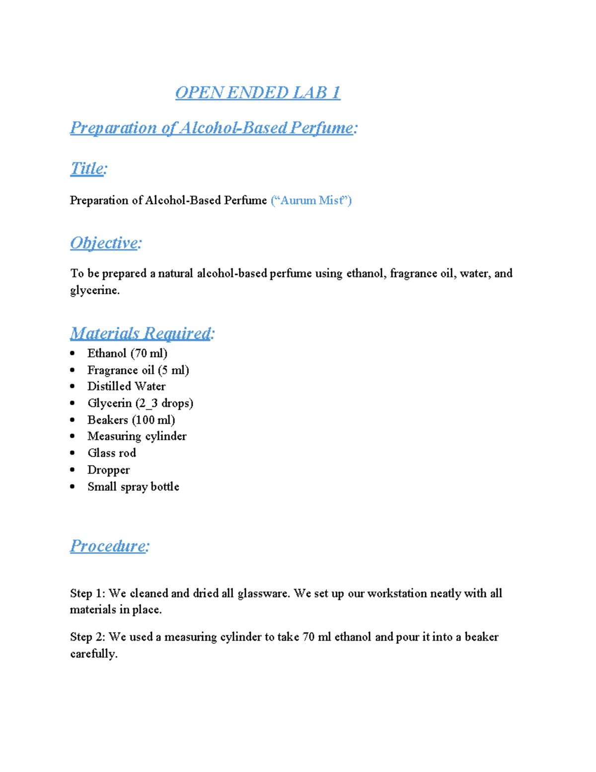 OPEN ENDED LAB 1 & 2: Perfume Preparation & Iodine Starch Test - Studocu