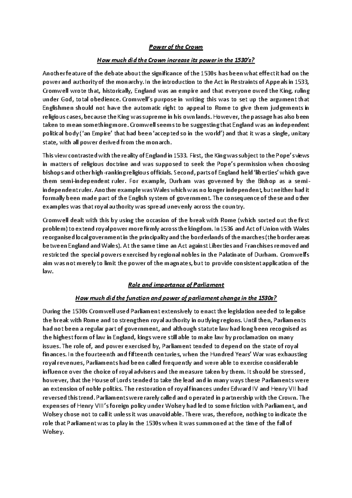 The Rise of Monarchical Power in the 1530s: A Study of Parliament and ...