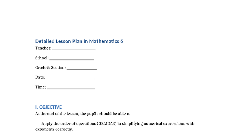 Mathematics 6 Detailed Lesson Plan: GEMDAS Operations - Studocu
