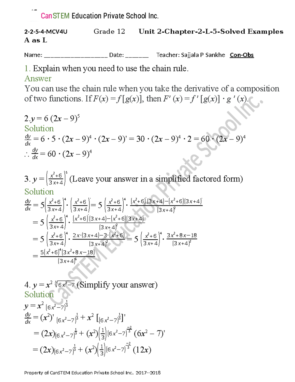 CanSTEM Education Private School Inc. Grade 12 Calculus Unit Examples ...
