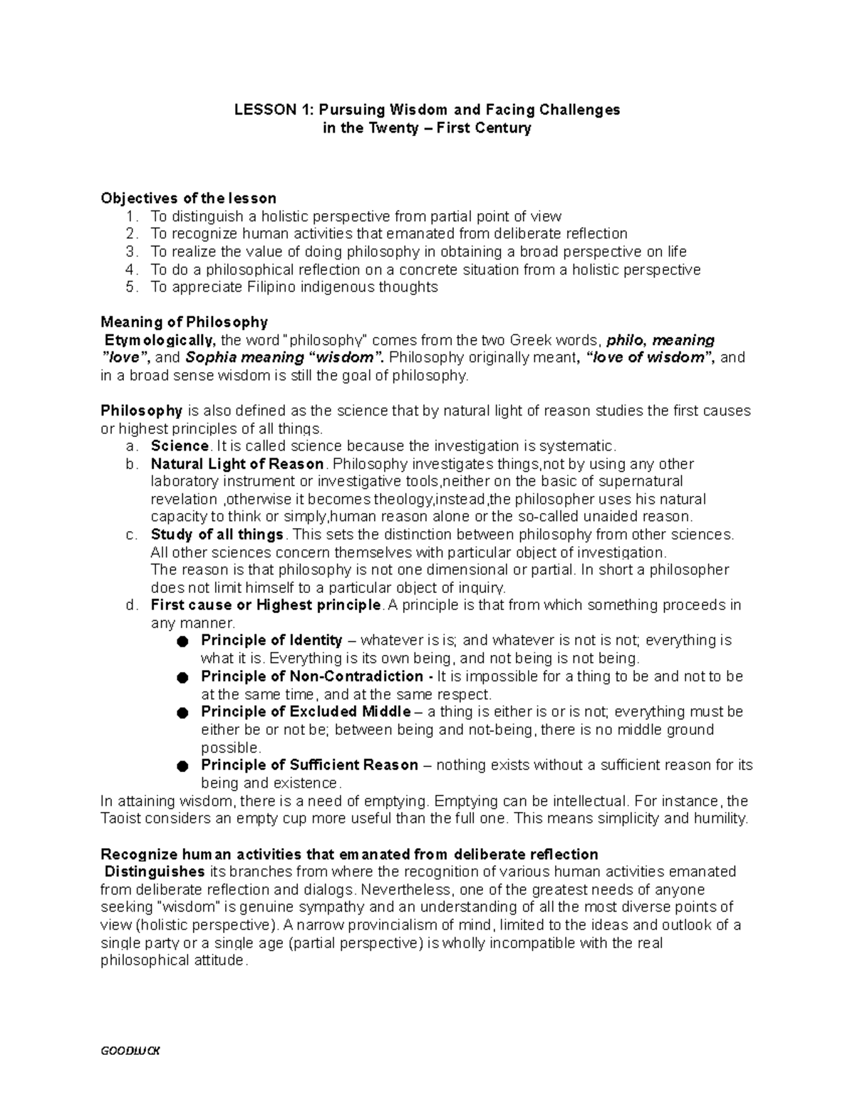 Lesson 1 Handouts - Philosophy notes - LESSON 1: Pursuing Wisdom and ...
