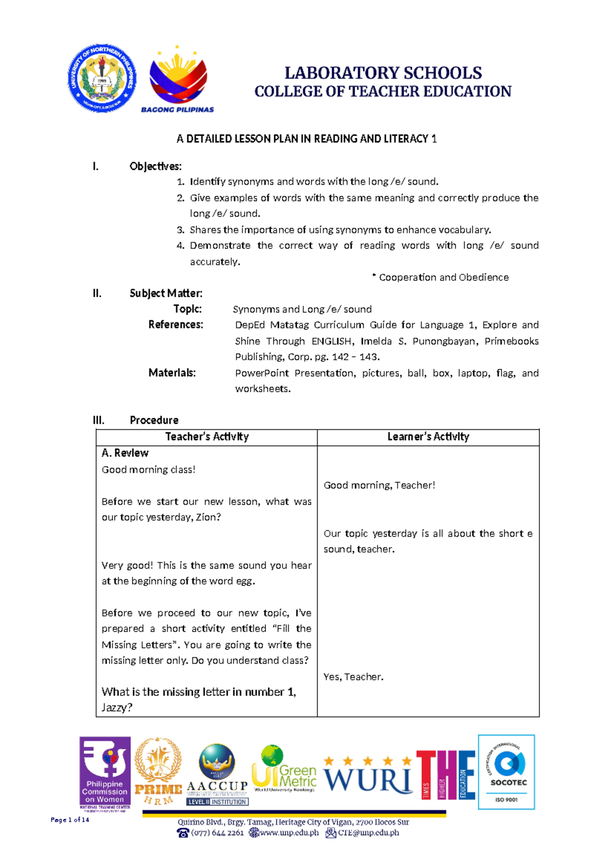 LP IN Reading 1: Detailed Lesson Plan on Synonyms & Long /e/ Sound ...