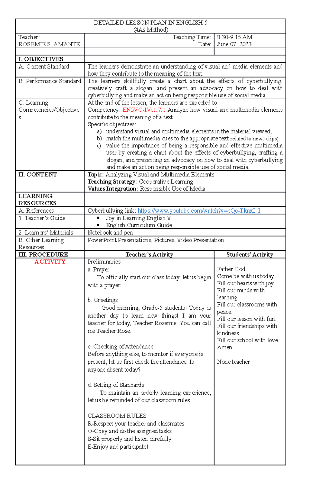 Detailed Lesson Plan: Analyzing Multimedia in English 5 - Studocu