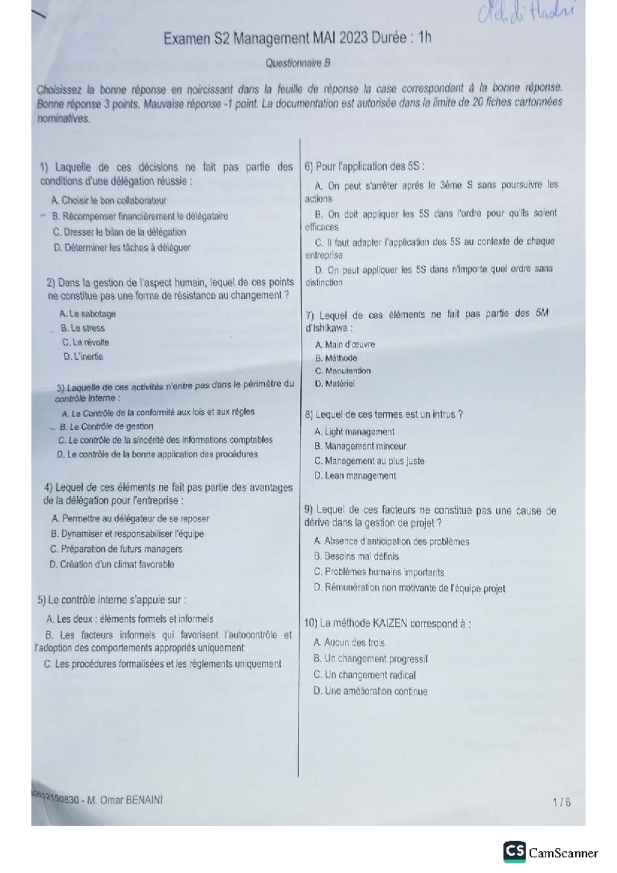 Examen S2 Management MAI 2023 - Questionnaire B - Studocu