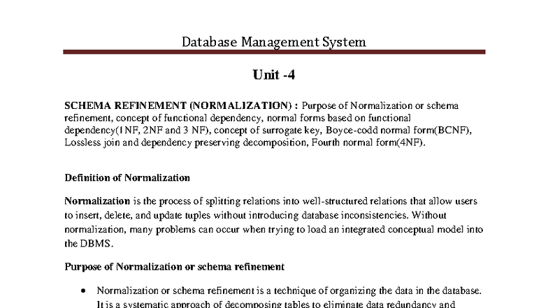 Database Management System SCHEMA REFINEMENT: Normalization & Anomalies - Studocu