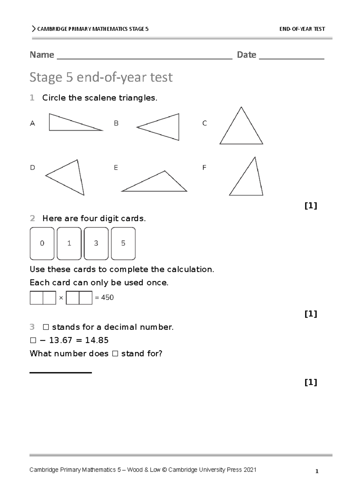 Prim maths 5 2ed tr end of year test - Name ...
