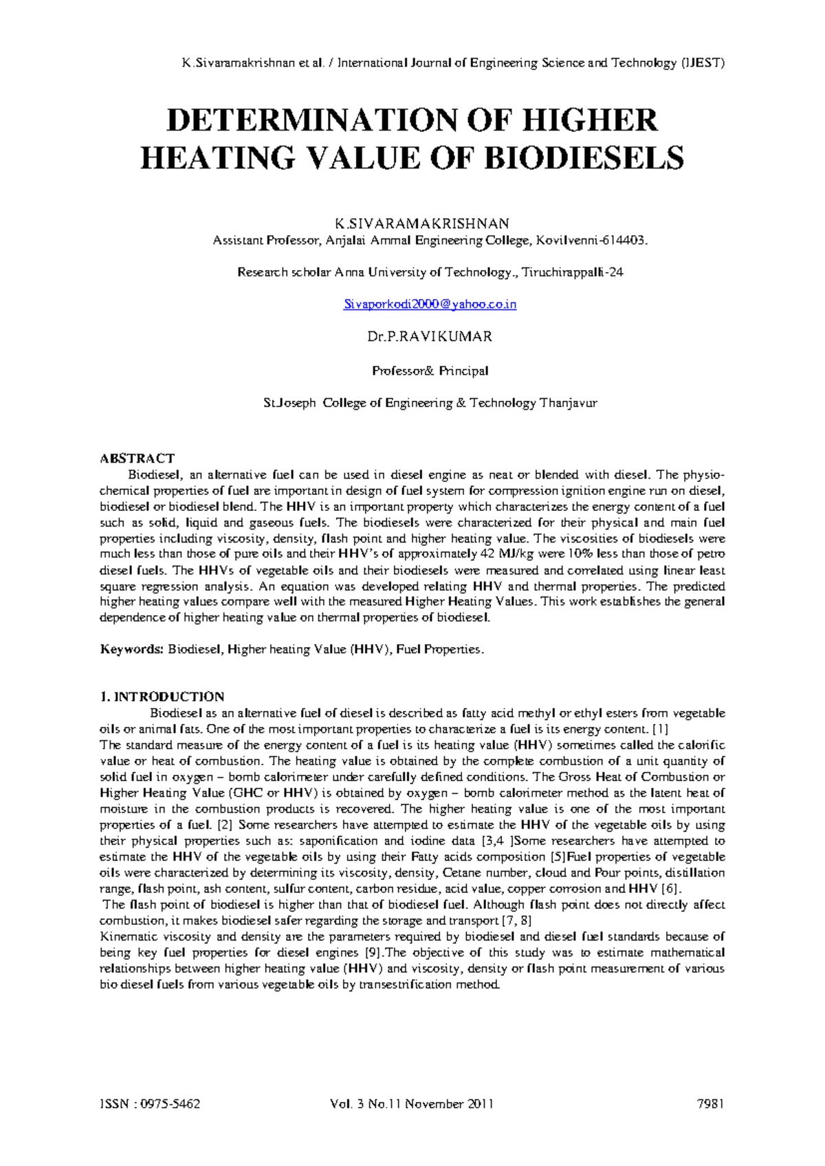 Determination of Higher Heating Values of Biodiesels (HHV) Analysis ...
