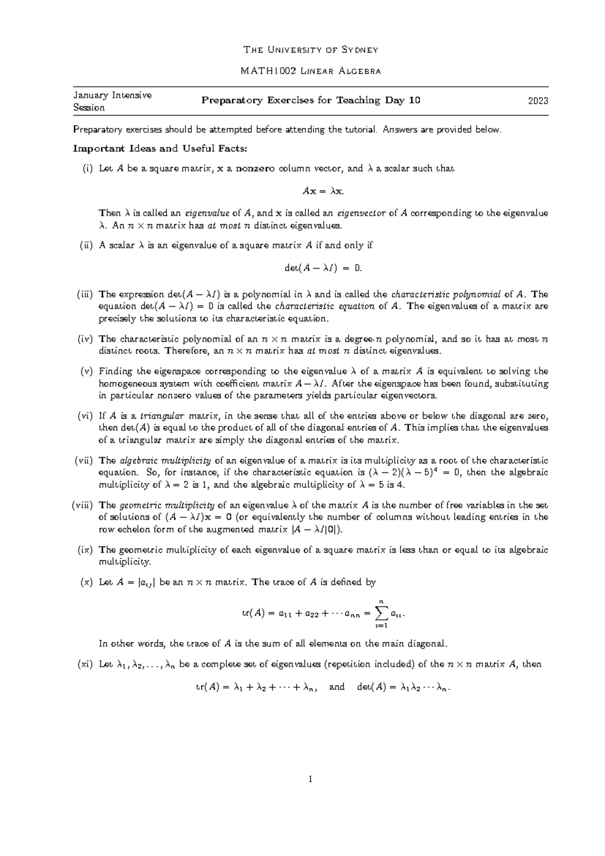 Pre-Tutorial Worksheet 10 - The University of Sydney MATH1002 Linear Algebra January Intensive ...