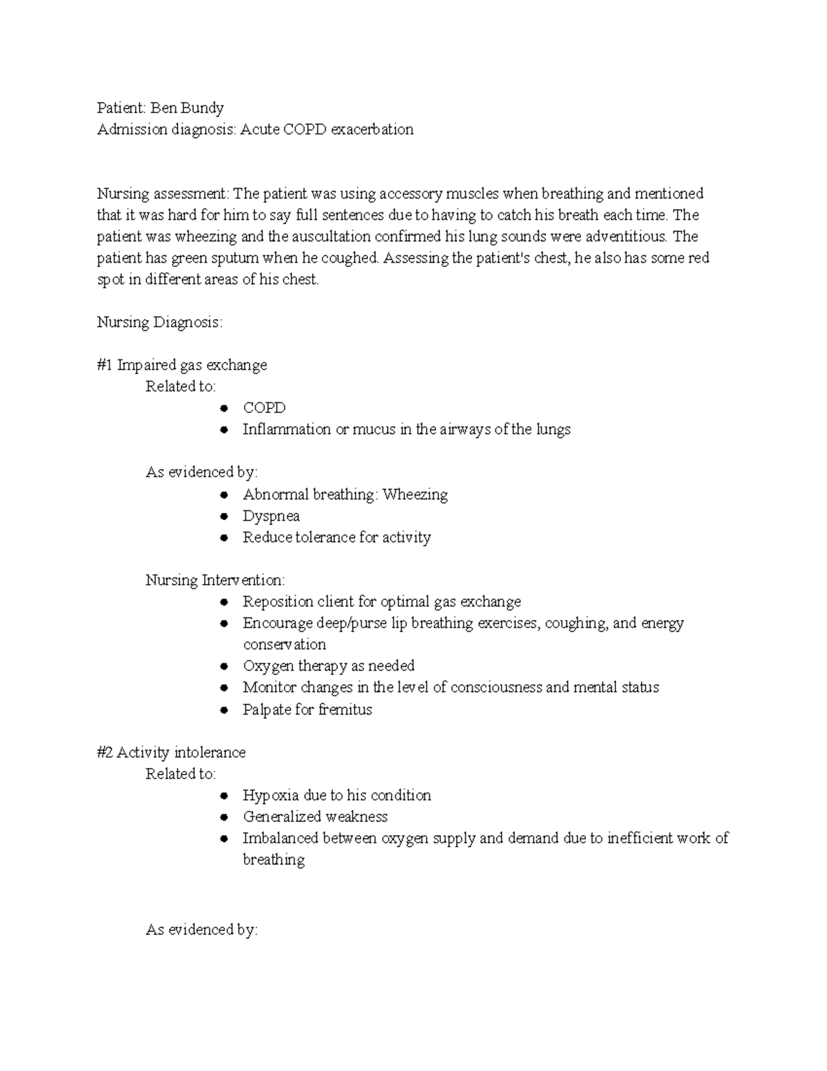 I-Human Care Plan - Clinical Assignment for Acute COPD Management - Studocu