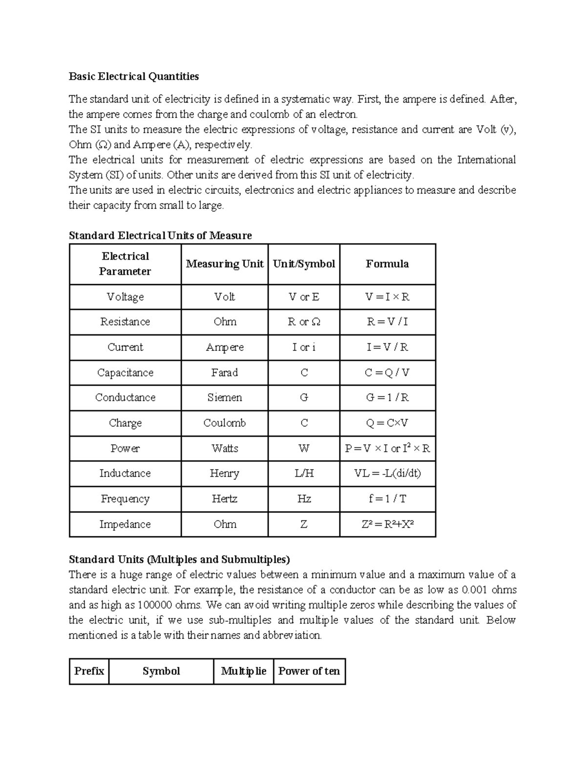 Basic Electrical Quantities: SI Units of Measurement Explained - Studocu