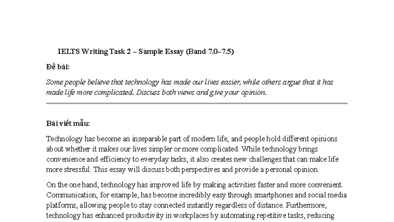 IELTS Writing Task 2 Sample Essay & Speaking Part 1-3 Notes - Studocu