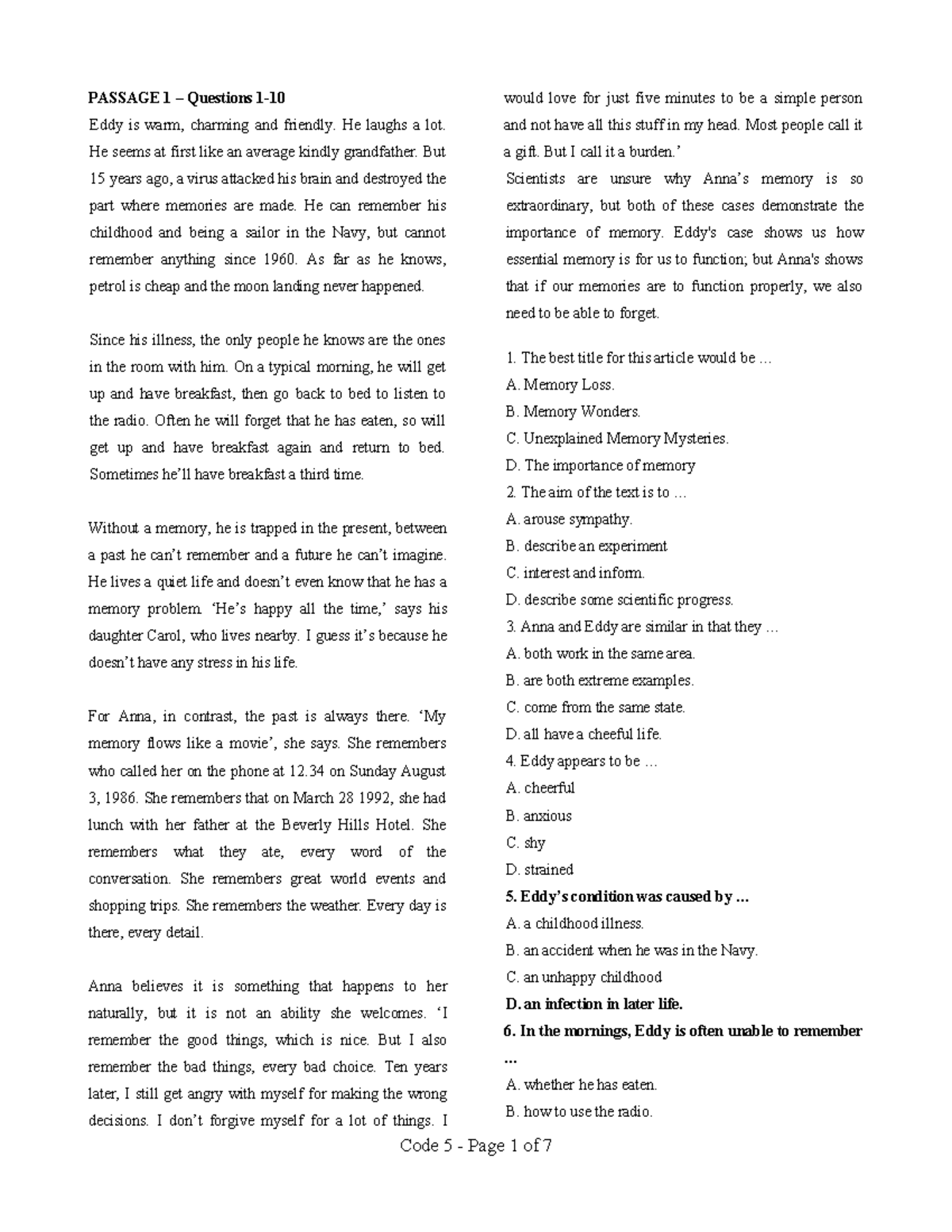 VSTEP-Reading Test 5: Exploration of Memory and Microorganisms - Studocu