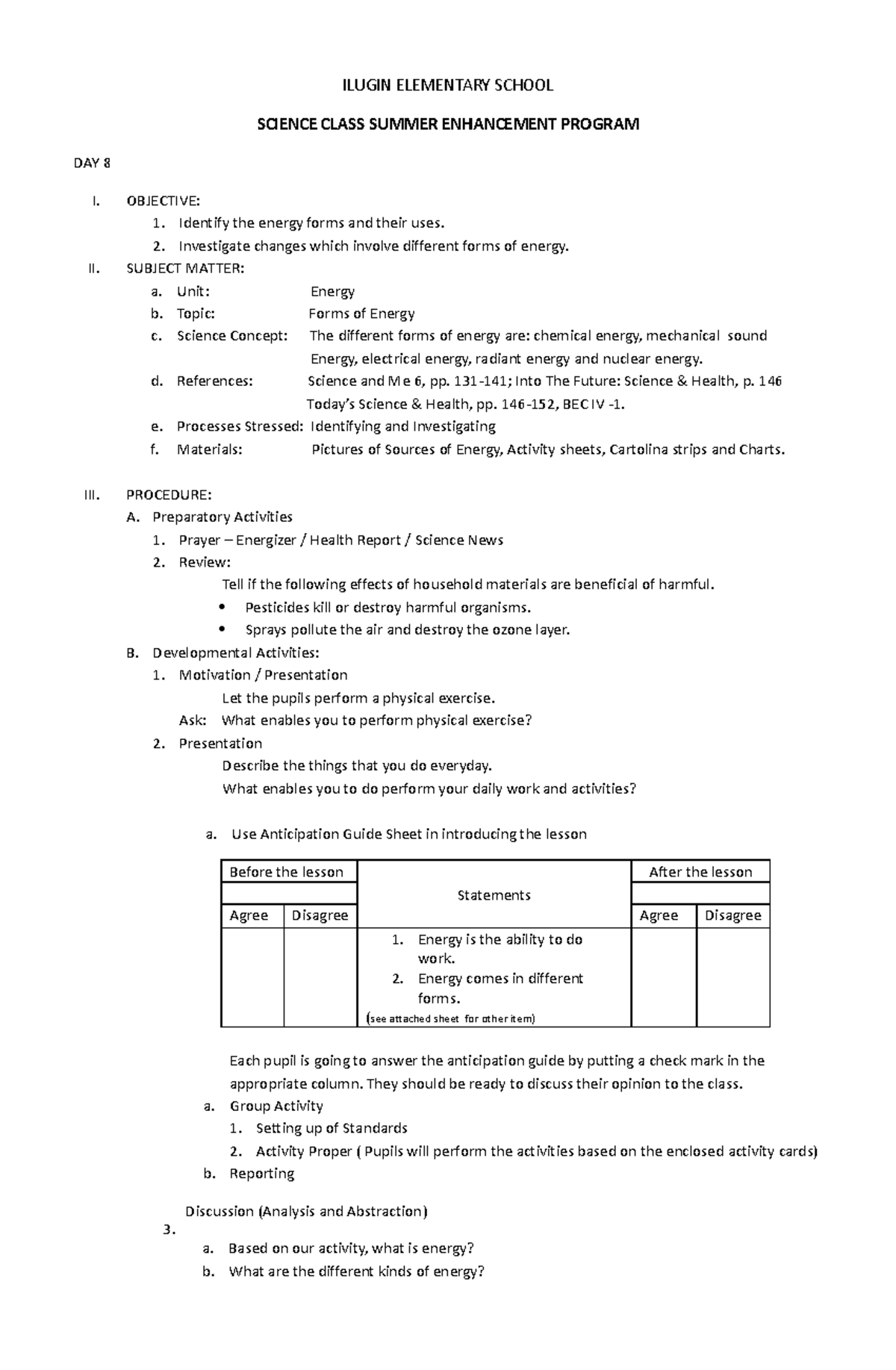 63899769 Science 6 Lesson Plan: Exploring Forms of Energy - Studocu