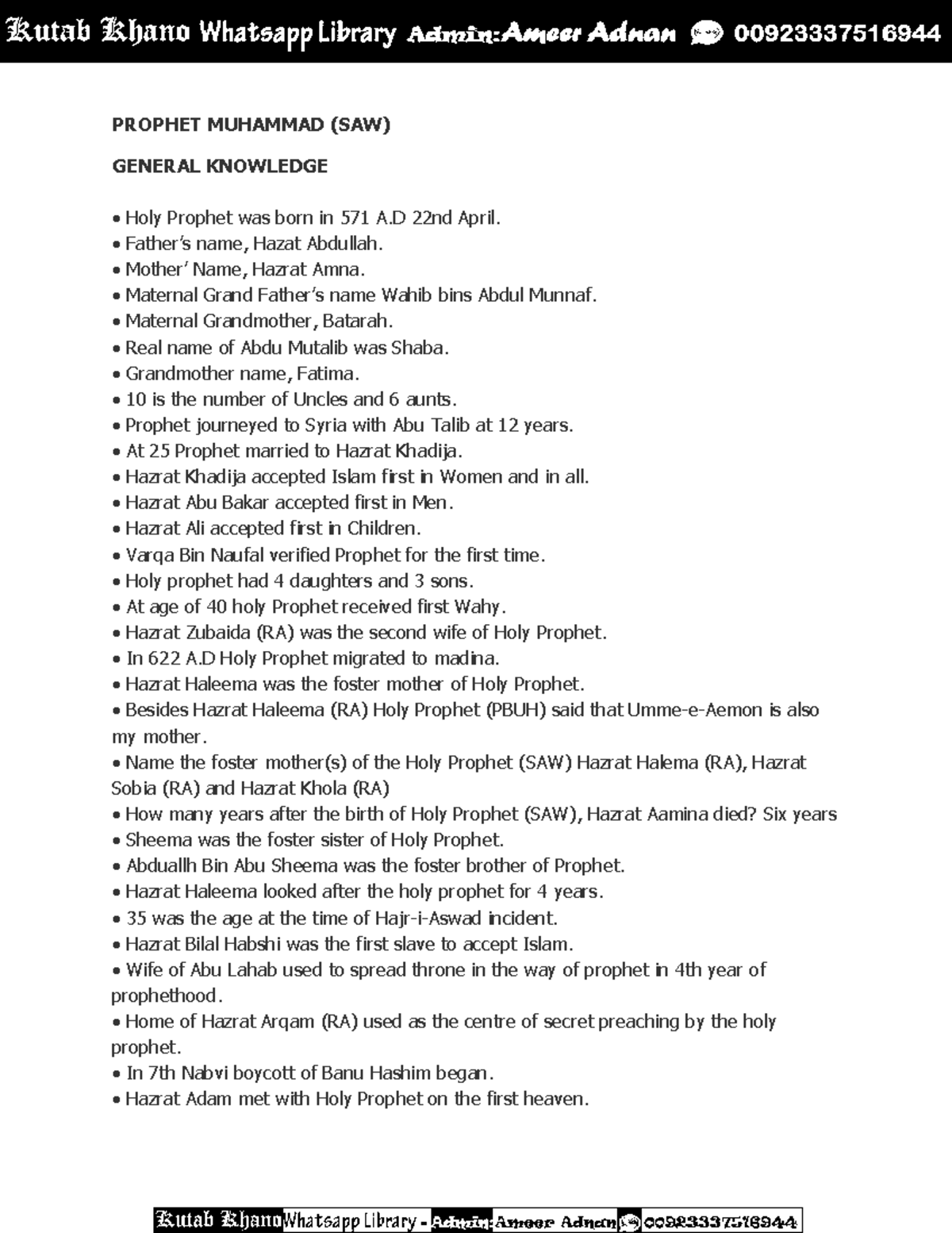 PROPHET MUHAMMAD (SAW) GENERAL KNOWLEDGE NOTES - Studocu