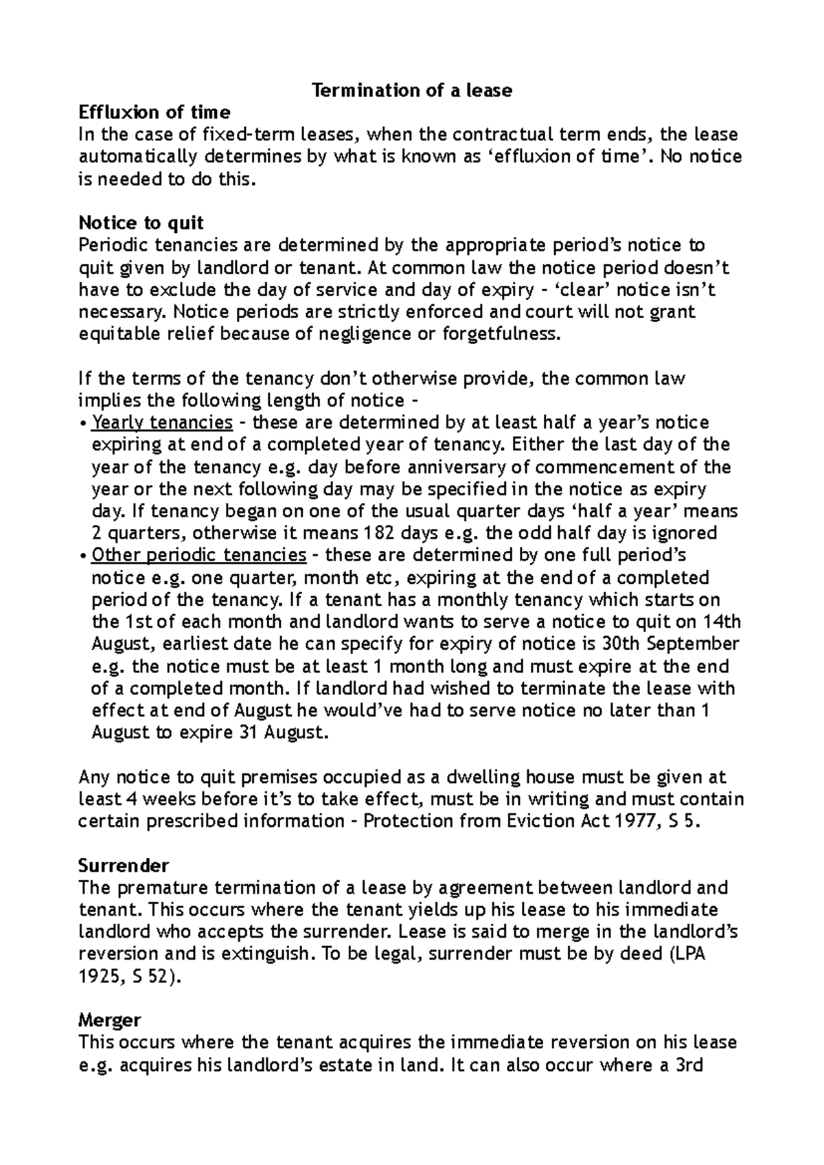 Law 101: Termination of Lease - Effluxion, Notice, Surrender & Merger - Studocu