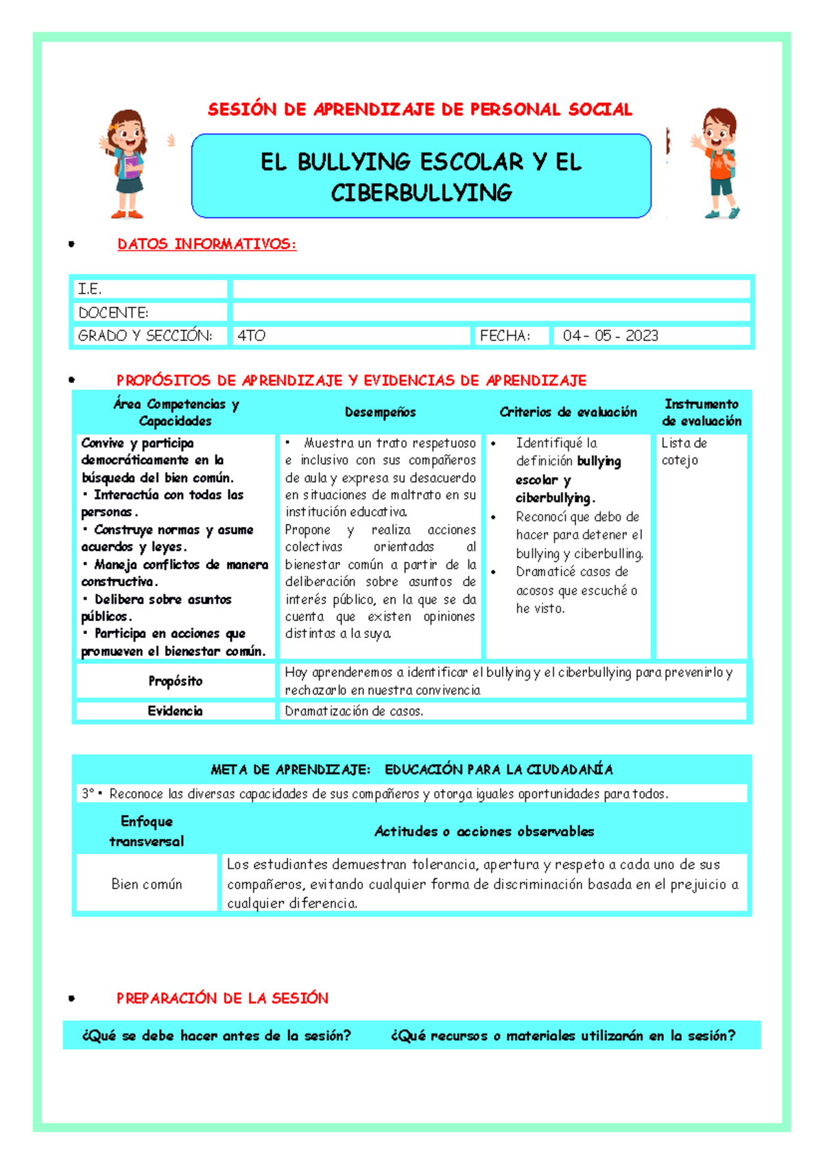 Sesión de Aprendizaje: Bullying y Ciberbullying (4TO) - Studocu
