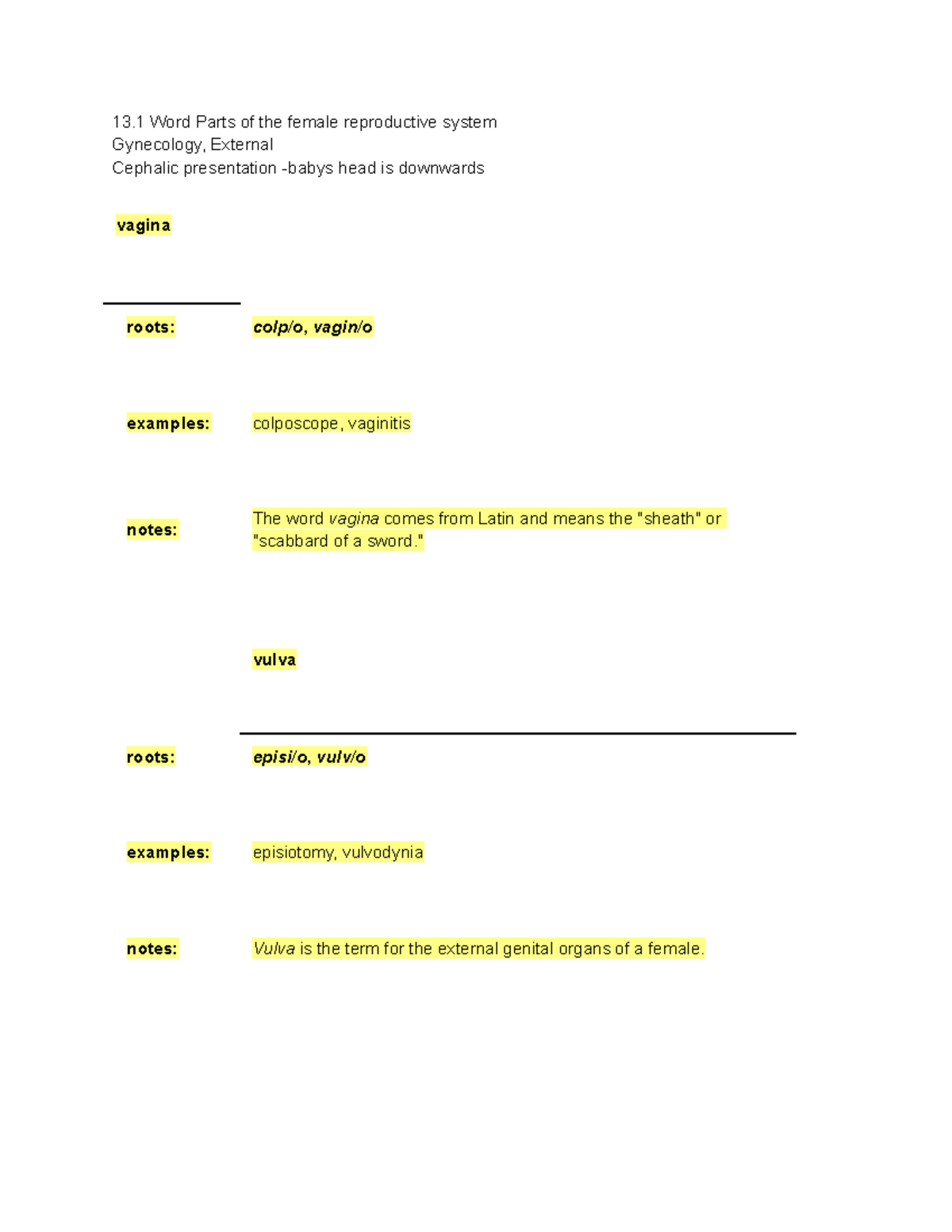 Chapter 13 The Female Reproductive system - 13 Word Parts of the female ...