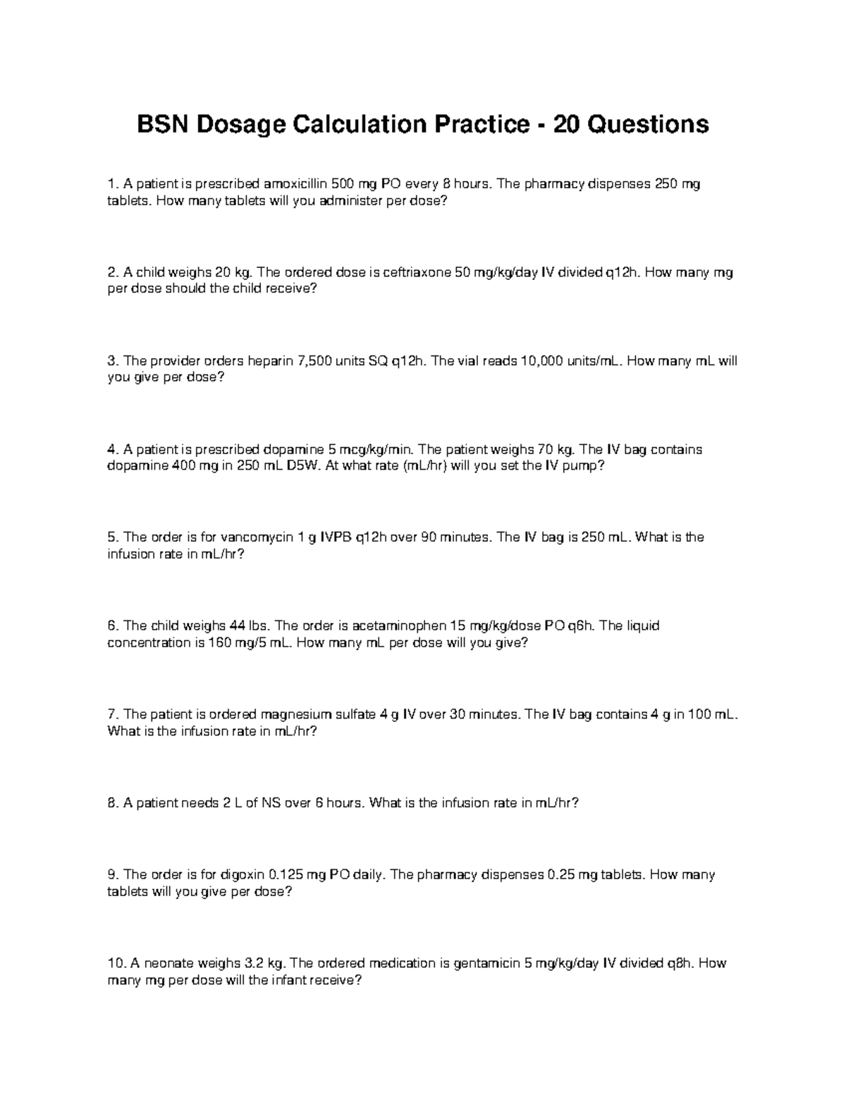 BSN Dosage Calculation Practice: 20 Questions for Nursing Students ...