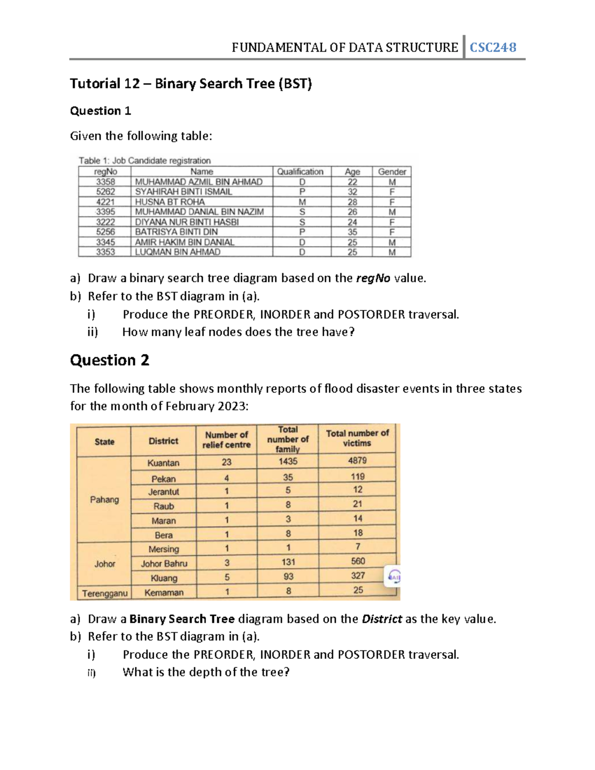 CSC248 Tutorial 12: Binary Search Tree (BST) Exercises and Solutions ...
