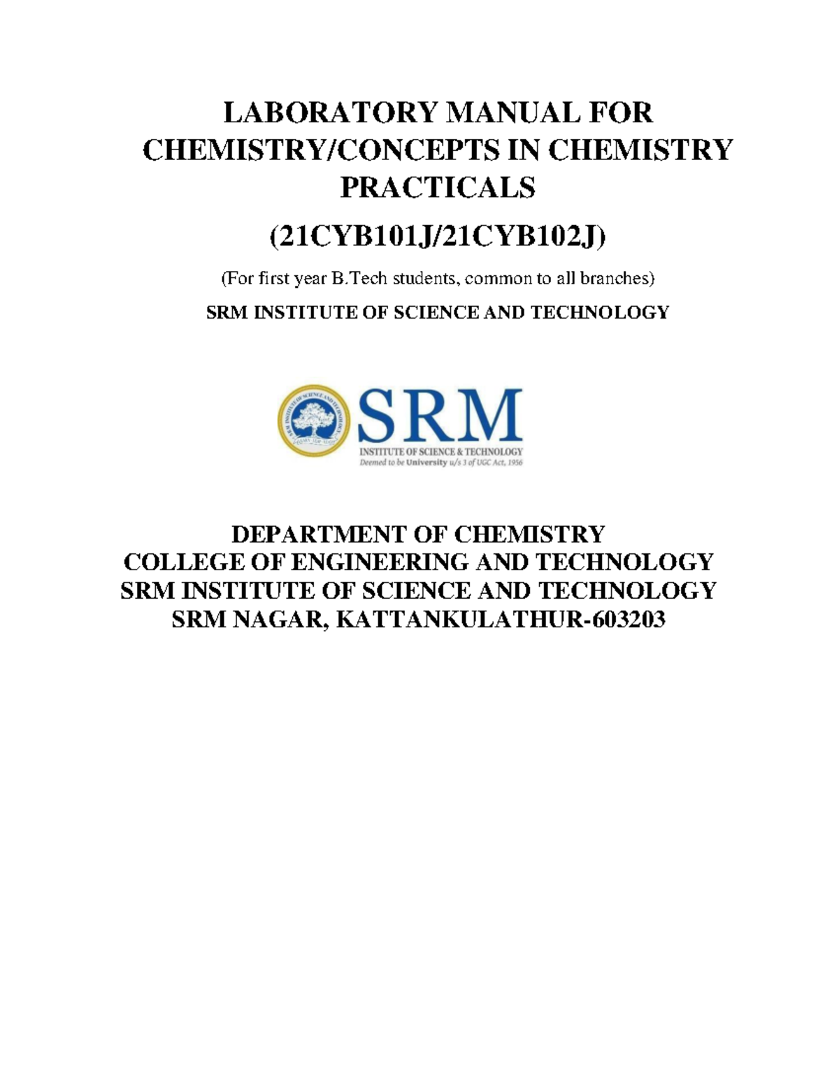 Laboratory Manual for 1st Year B.Tech Chemistry Practicals (21CYB101J ...