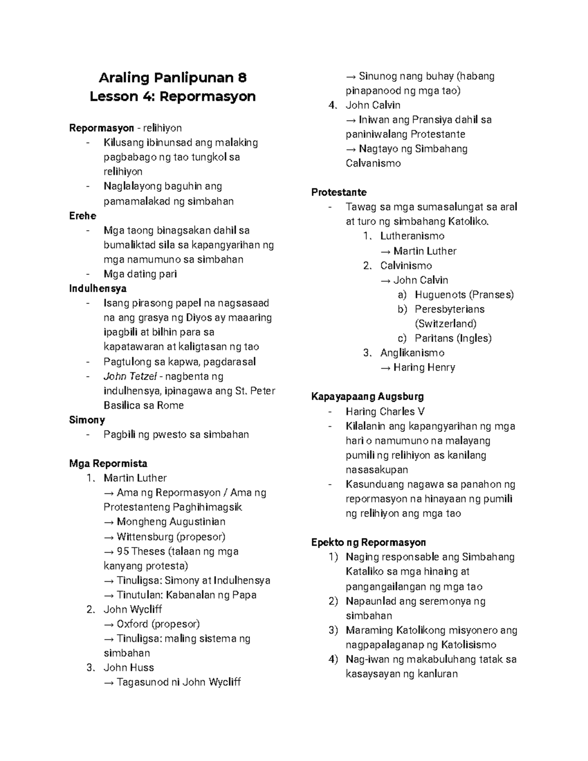 AP-Repormasyon-Lecture Notes on Lesson 4: Ang Repormasyon sa Relihiyon ...