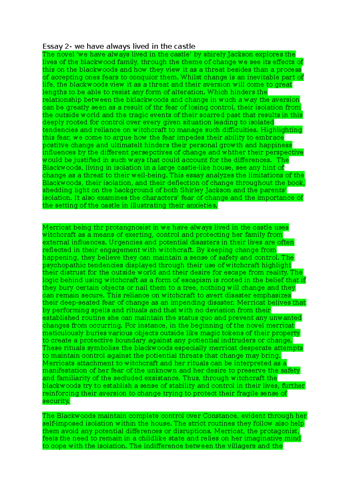 Essay 2 - Analysis of Fear and Change in "We Have Always Lived in the ...