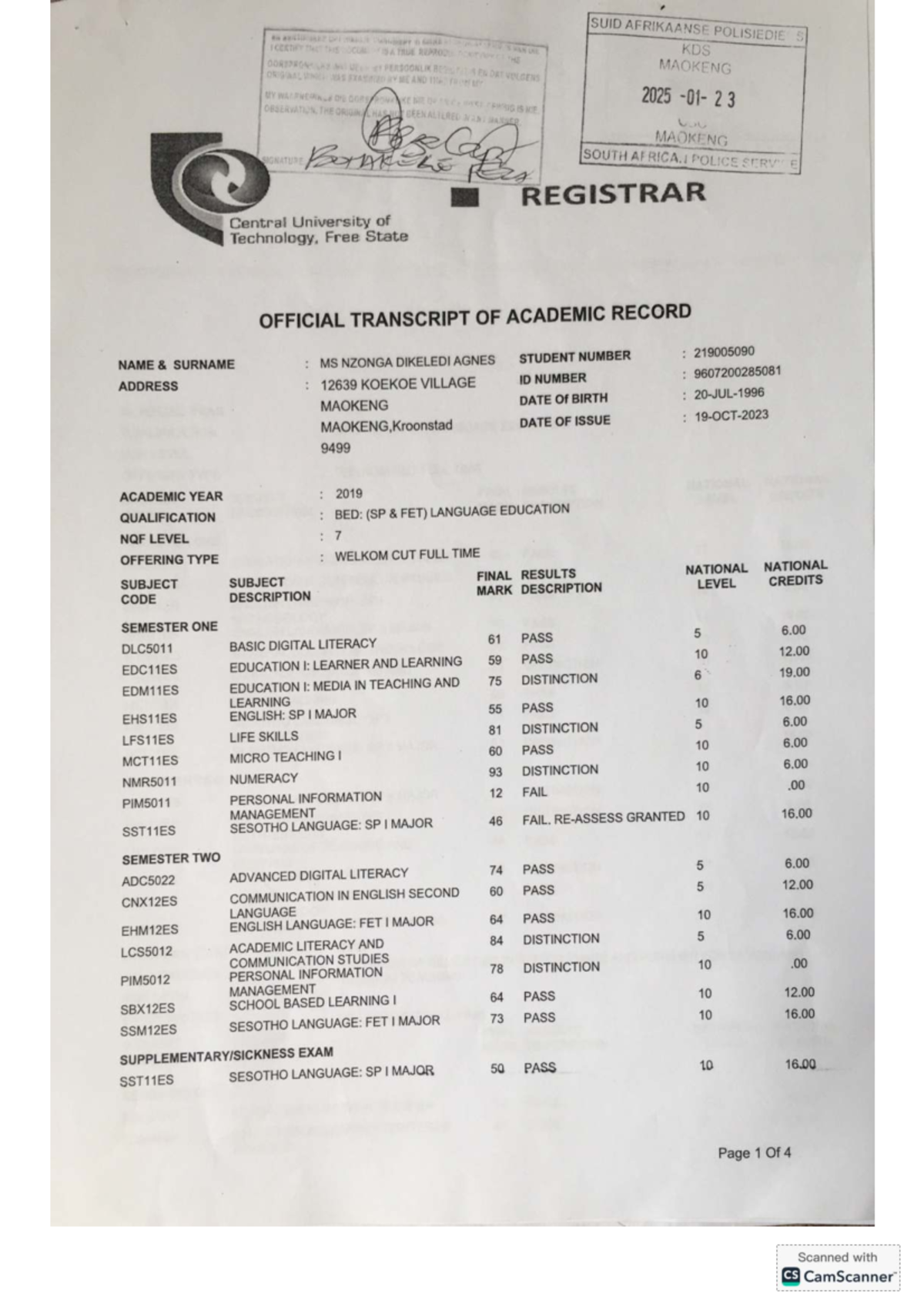 Transcript - Official Academic Records for BEd (SP FET) Students - Studocu