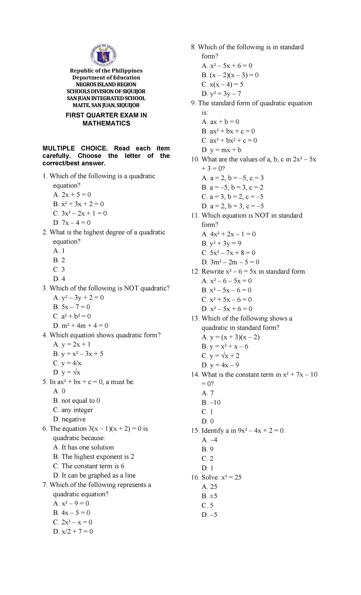Mathematics 9: First Quarter Exam MCQ on Quadratic Equations - Studocu